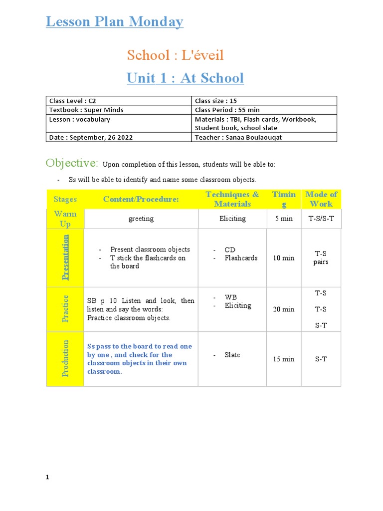 Sept 26 Lesson Plan - Unit 1 at School | PDF