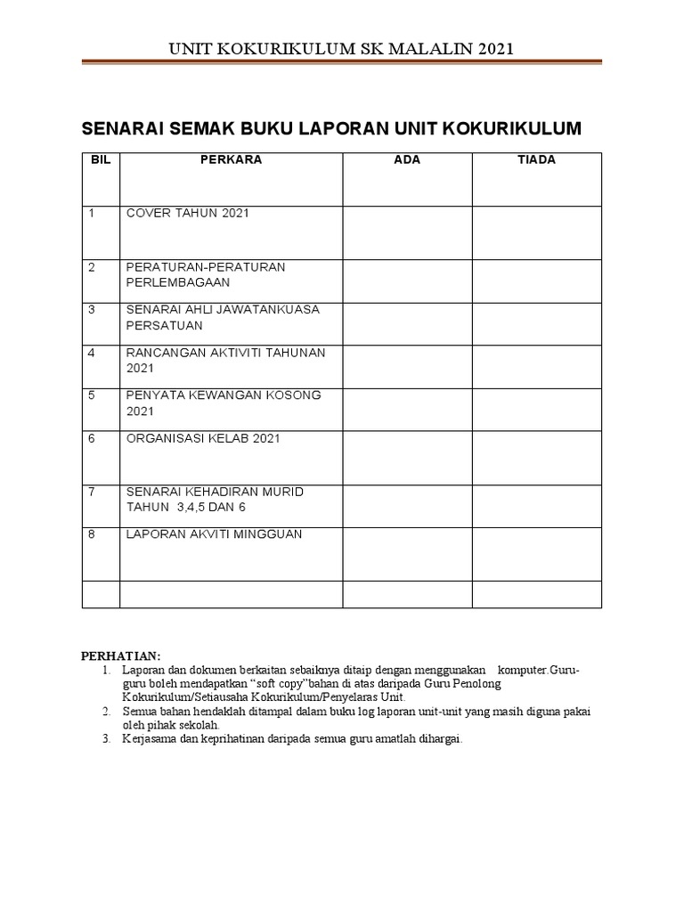 Senarai Semak Buku Laporan Unit Kokurikulum 2021 | PDF Senarai Semak Buku Laporan Unit Kokurikulum 2021 | PDF