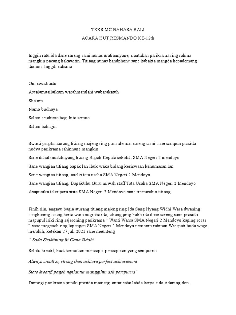 Teks MC Bahasa Bali Hut - 12 | PDF