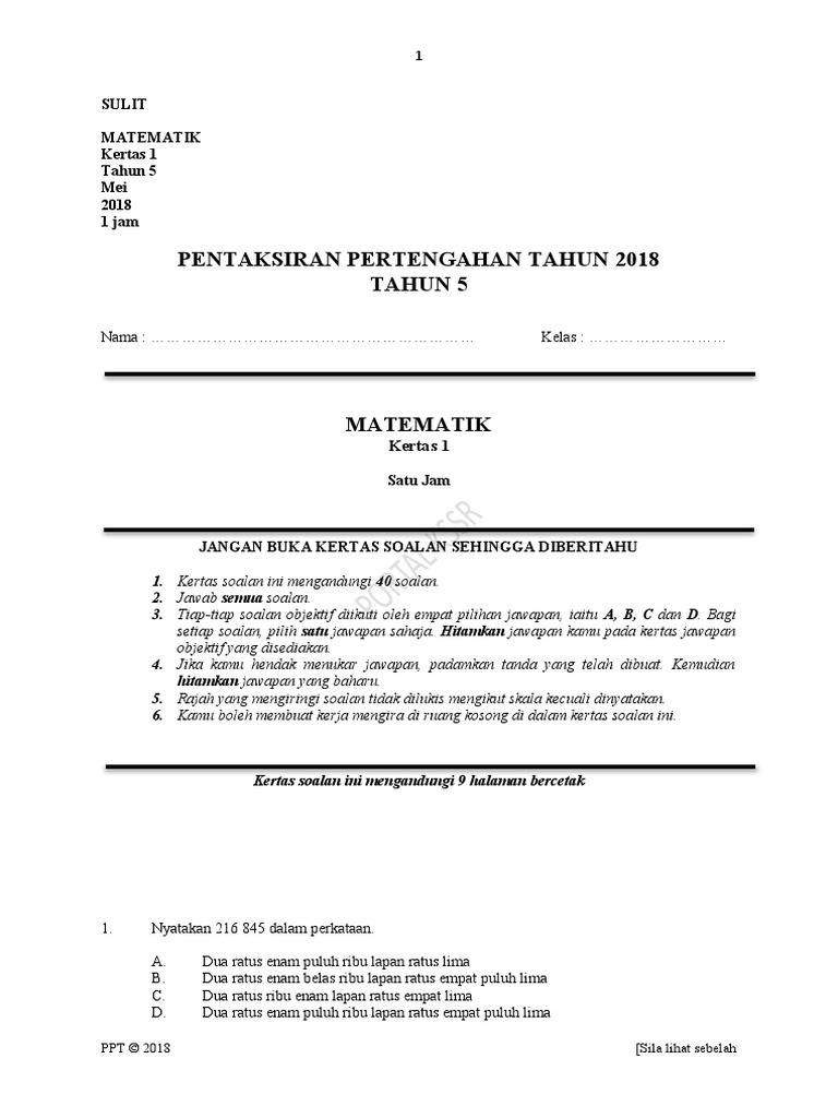 Soalan PPT 2018 - MT T5 K1 WM | PDF