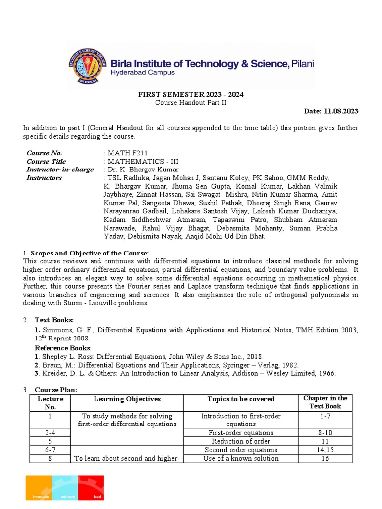 MATH F211 Course Handout | PDF