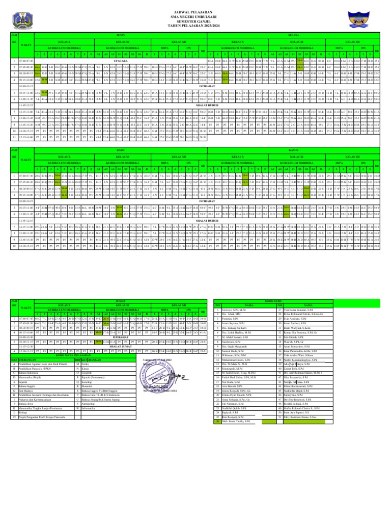 Jadwal Pelajaran Semester Ganjil 2023-2024 Ok (Dapodik) | PDF