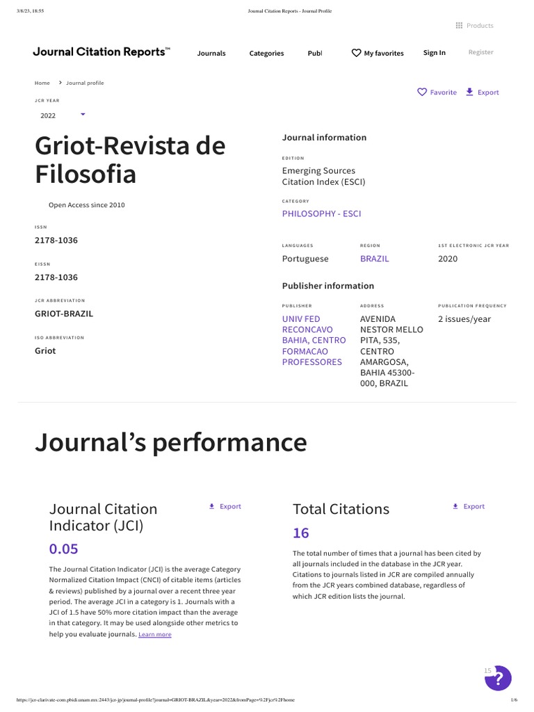 Journal Citation Reports - Griot | PDF
