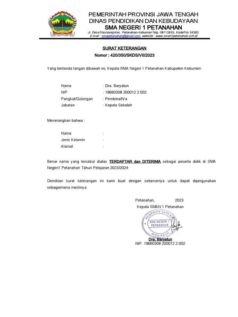Surat keterangan Diterima Sekolah | PDF