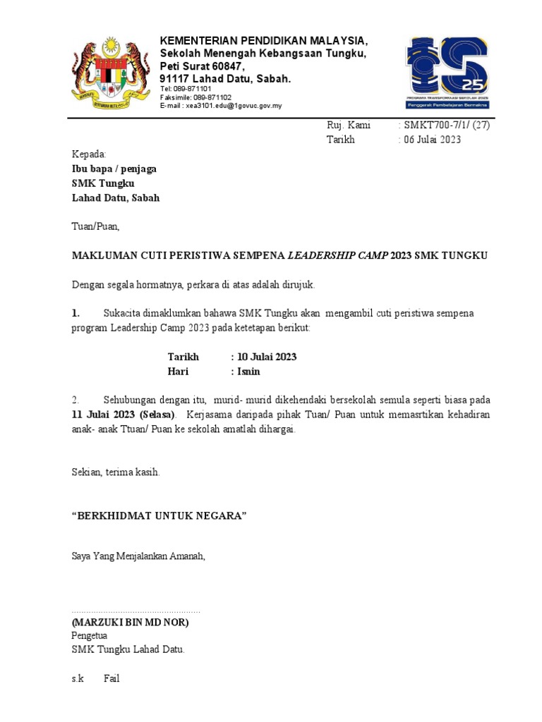 Surat Makluman Cuti Peristiwa | PDF