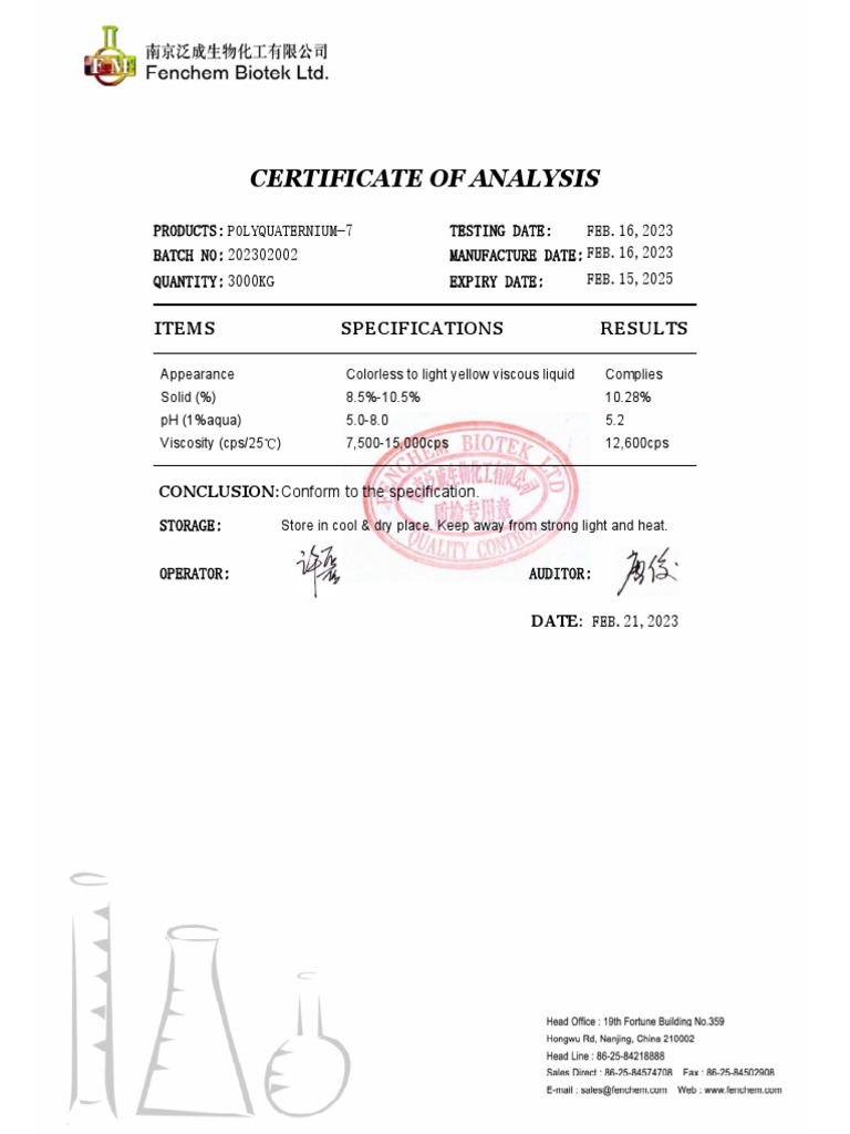 POLYQUATERNIUM-7-lote 202302002-Vence 15-02-2025-CERT-COA | PDF