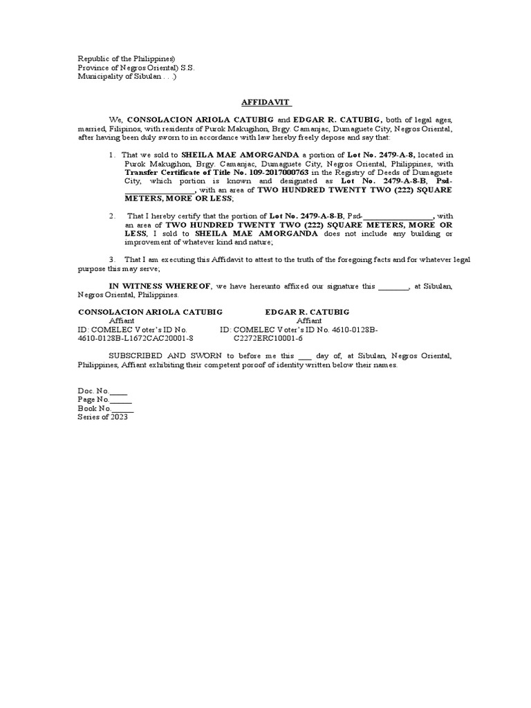 Affidavit-No-Improvement (Autorecovered) Consolacion Ariola Catubig and Edgar R. Catubig Sheila ...