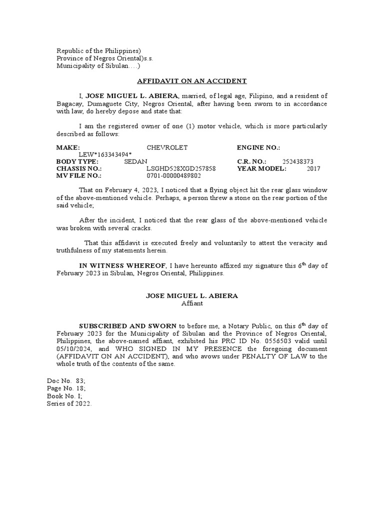 Affidavit-car-Accident - JOSE MIGUEL L. ABIERA | PDF | Law