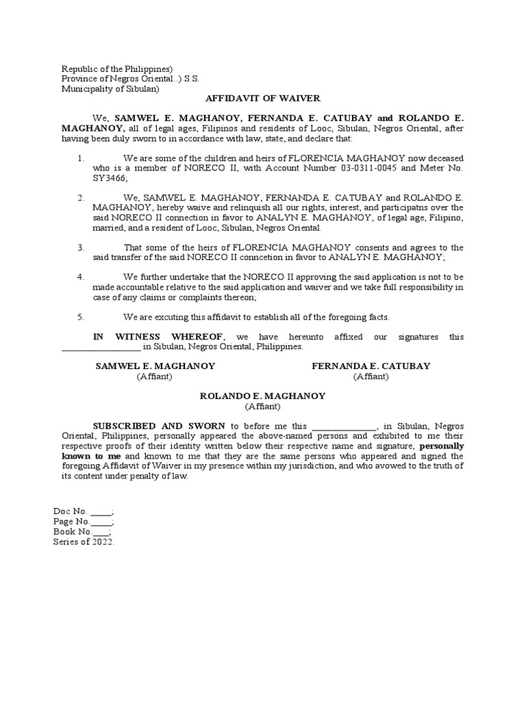 Affidavit of Waiver - Florencia Maghanoy | PDF