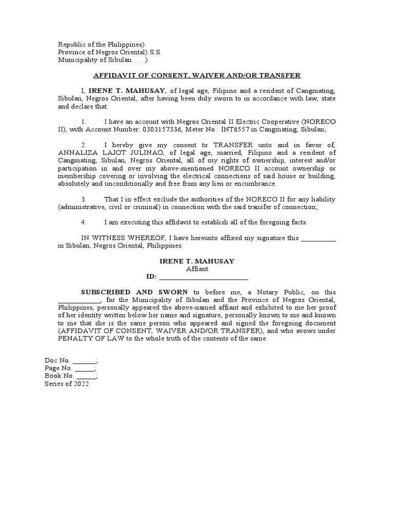 Affidavit of Waiver and Transfer - MAHUSAY | PDF