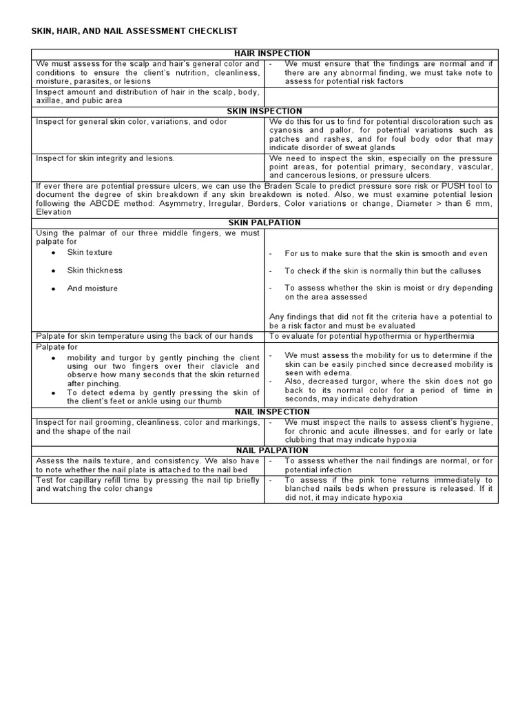 Skin, Hair, and Nails - Checklist | PDF | Nail (Anatomy) | Clinical ...