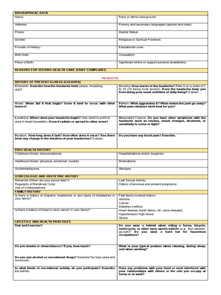 History Taking - Cheat Sheet | PDF | Headache | Pain