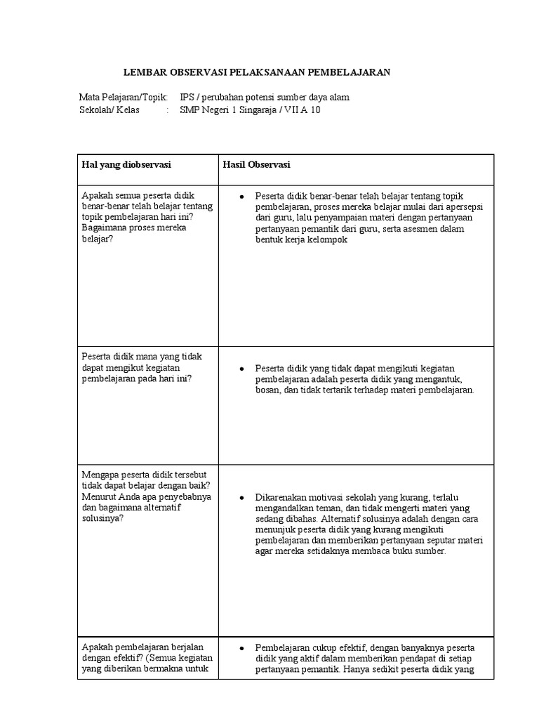 Lampiran 3 - Format Lembar Observasi Pelaksanaan Pembelajaran | PDF