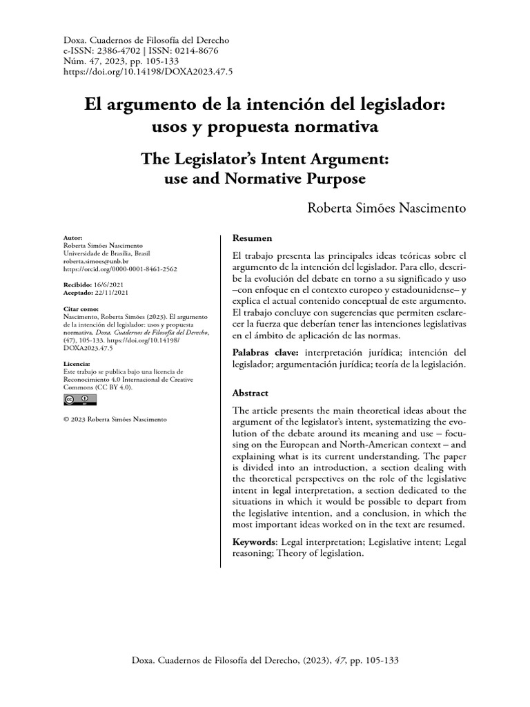 Simões - El Argumento de La Intención Del Legislador | PDF