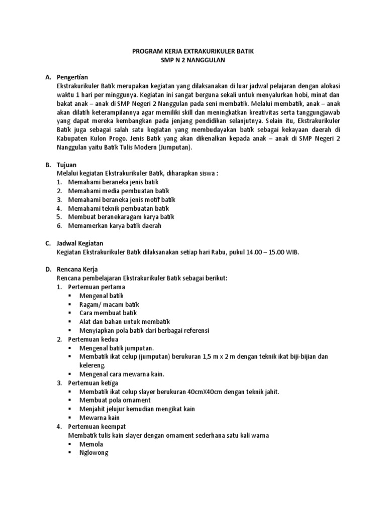 Program Kerja Extrakurikuler Batik | PDF