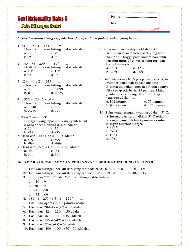 Soal Matematika Kelas 6 Bilangan Bulat | PDF