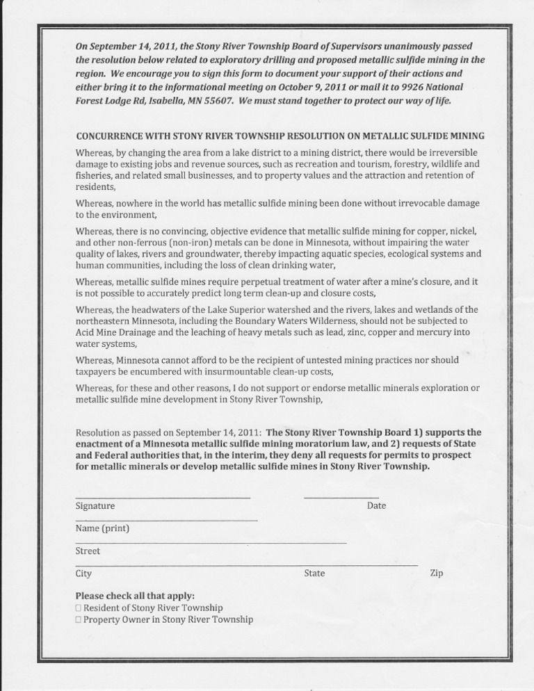 Stony River Township Sulfide Mining Resolution Concurrence | PDF ...
