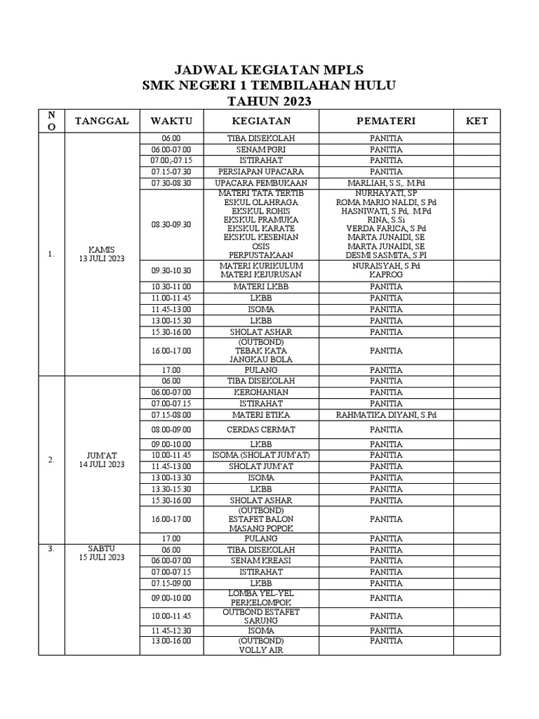 Jadwal Kegiatan MPLS 2 | PDF