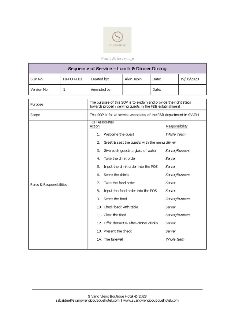 001 - FOH Sequence of Service - v1 | PDF