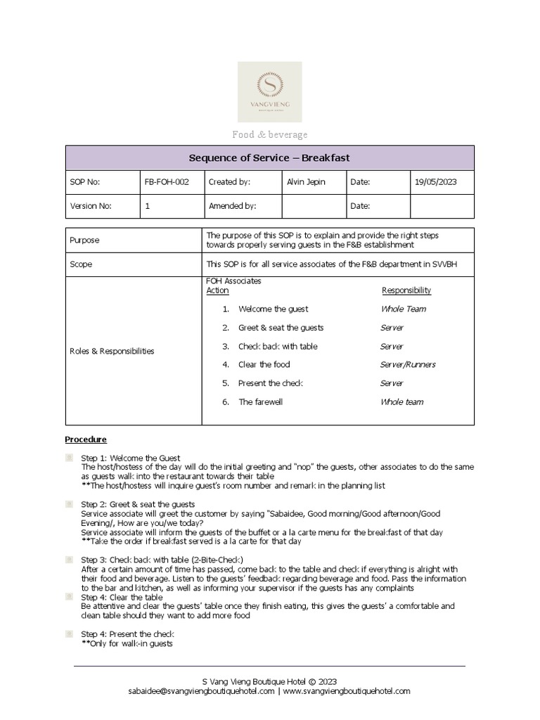 002 - FOH Sequence of Service Breakfast - v1 | PDF | Waiting Staff ...