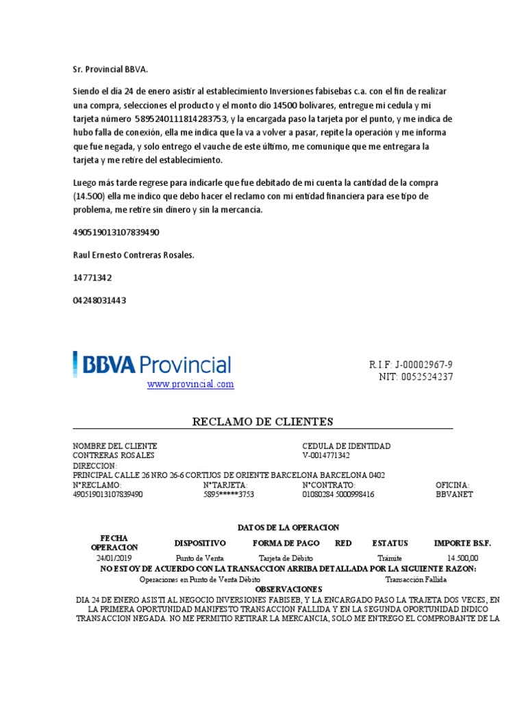 Carta Reclamo BBVA | PDF | Tarjeta de débito | Industrias de servicio