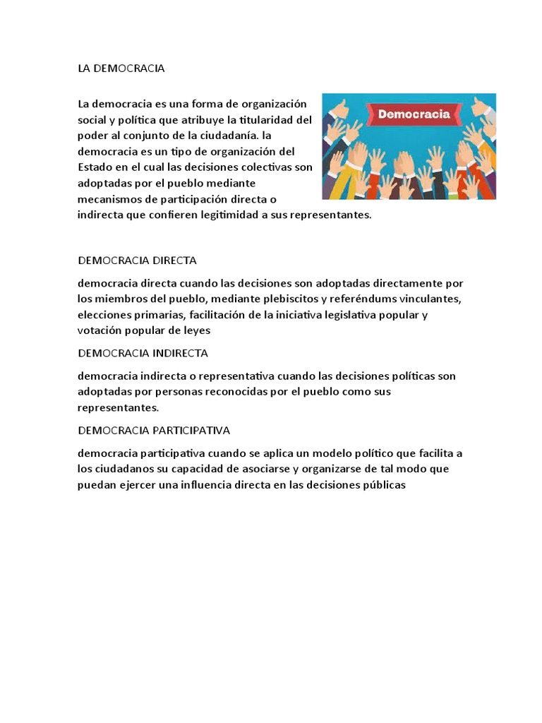 Tipos de Democracia: Directa, Indirecta y Participativa | PDF | Política