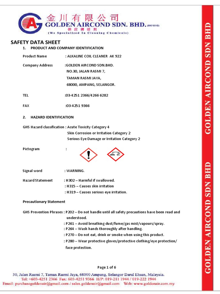 Alkaline Coil Cleaner AK 922 SDS | PDF | Toxicity | Personal Protective ...
