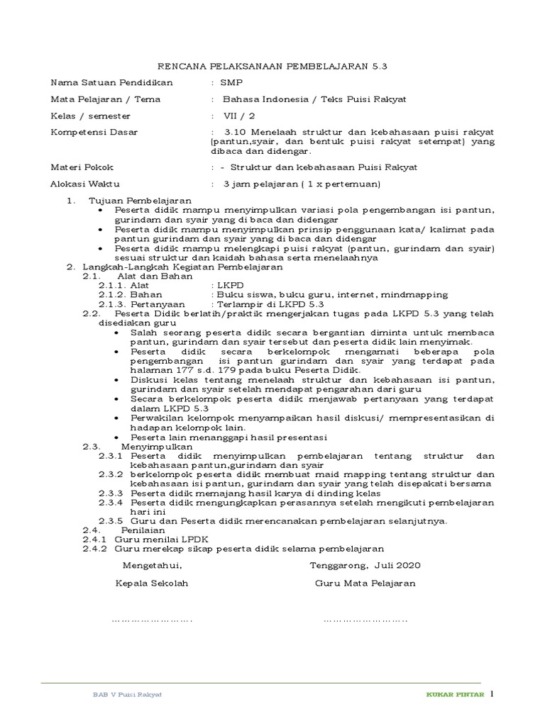 RPP Bindo 7 Bab 5 Puisi Rakyat, Pertemuan 3 | PDF