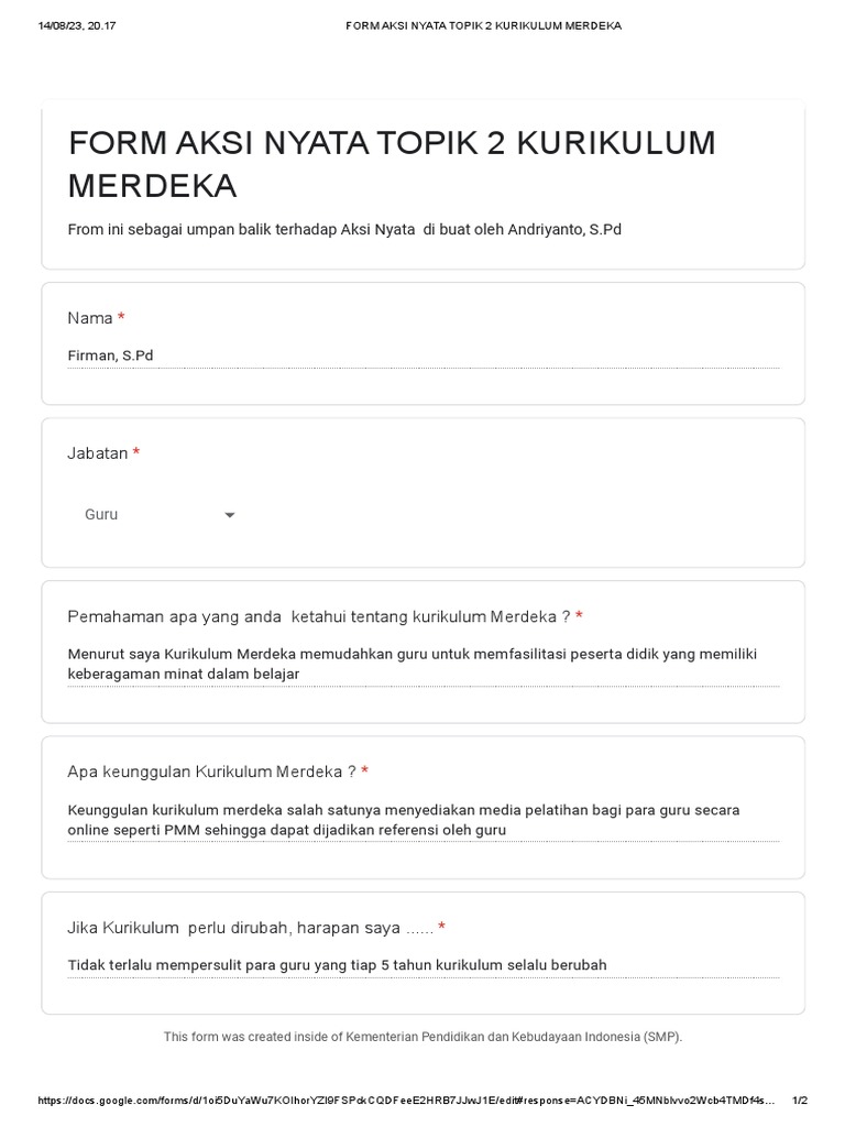 Form Aksi Nyata Topik 2 Kurikulum Merdeka - Google Forms | PDF