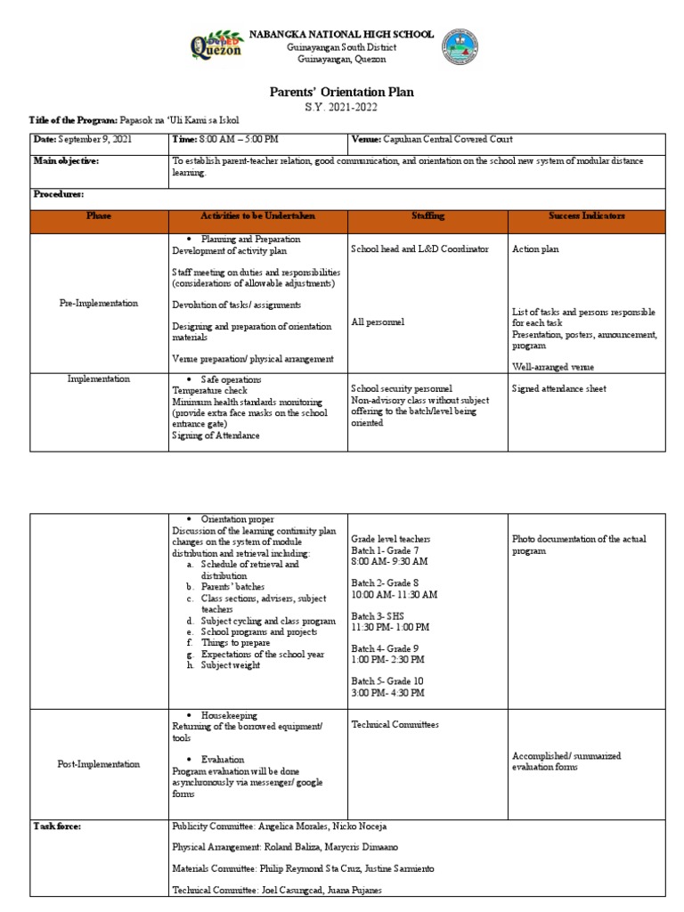Parents' Orientation Plan | PDF