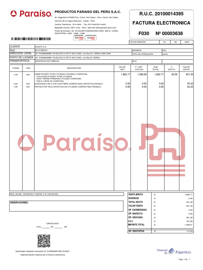 R.U.C. 20100014395 Factura Electronica F030: Productos Paraiso Del Peru S.A.C | PDF | Industrias ...