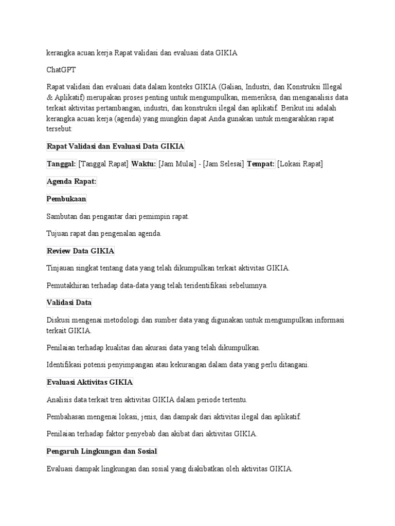 Kerangka Acuan Kerja Rapat Validasi Dan Evaluasi Data GIKIA | PDF