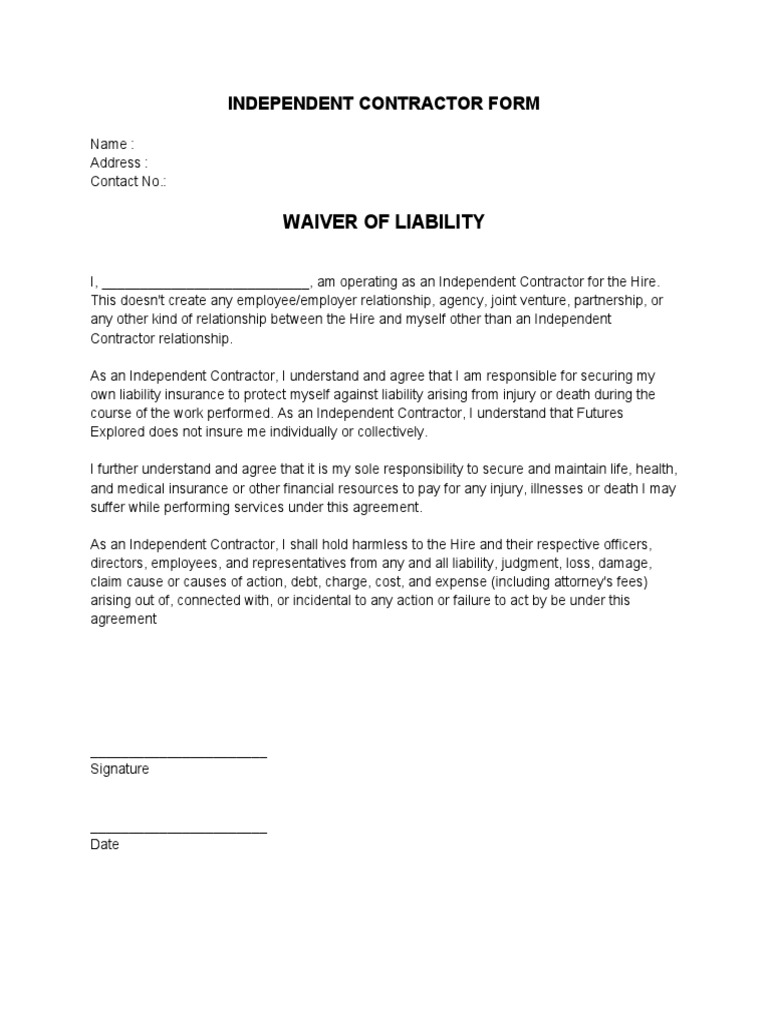 Independent Contractor Liability Waiver | PDF | Law | Self-Improvement