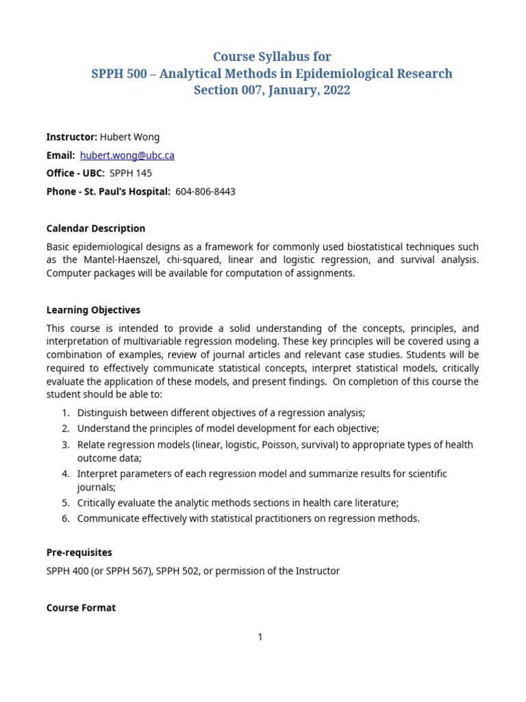 SPPH 500 Epidemiological Methods Syllabus | PDF | Regression Analysis ...