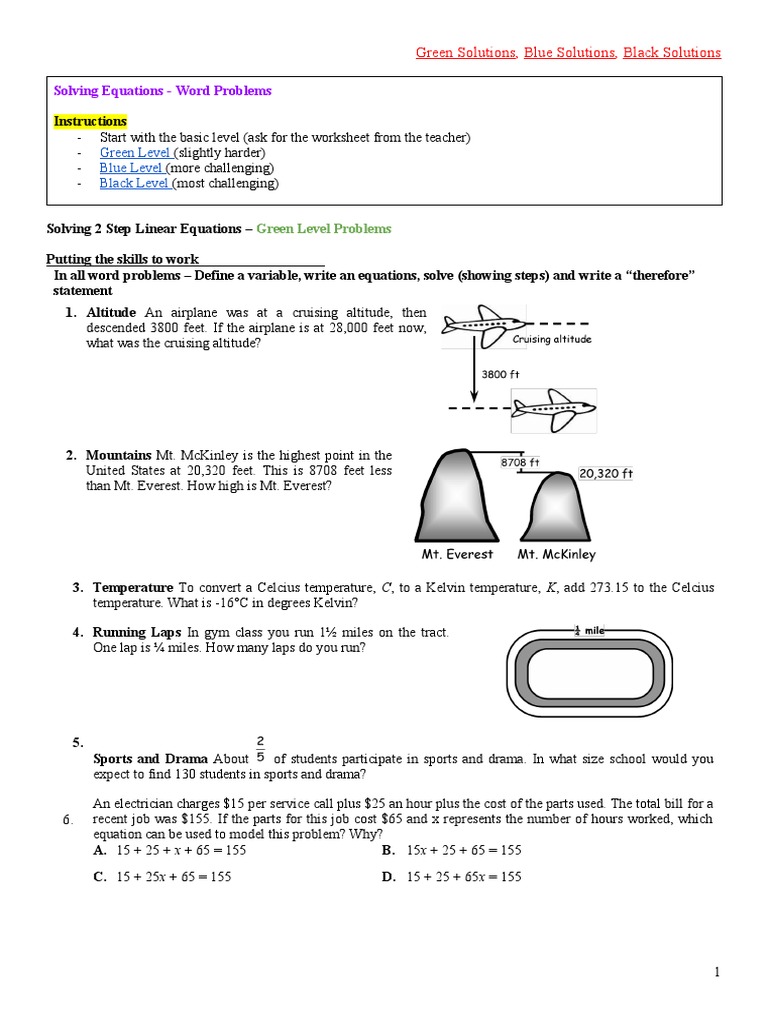 Solving Equations - Word Problems (Green, Blue, Black) | PDF ...