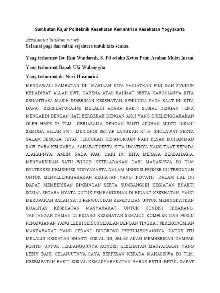 Sambutan Kajur Politeknik Kesehatan Kementrian Kesehatan Yogyakarta | PDF