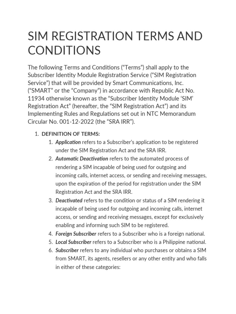 Smart Sim Registration Terms and Conditions | PDF | Identity Document ...