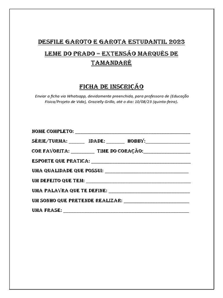 Ficha de Inscrição para Desfile 2023 | PDF