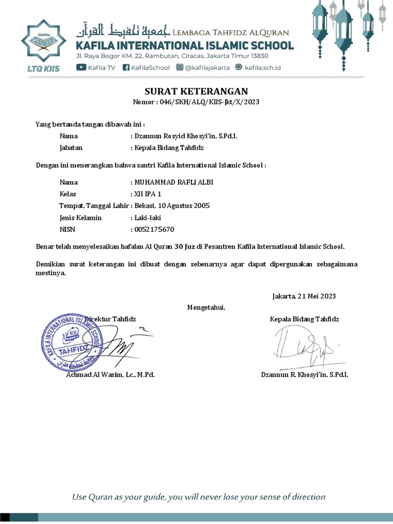 Surat Keterangan Tahfidz Albi | PDF