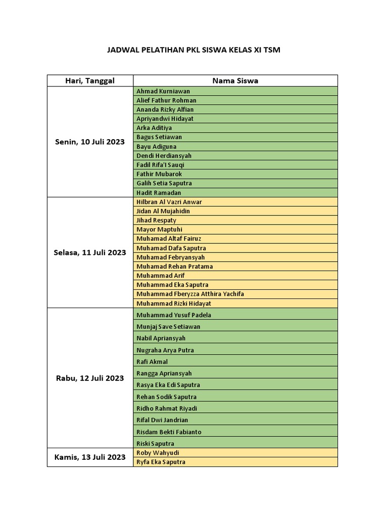 Jadwal Pelatihan PKL Siswa Kelas Xi TSM | PDF