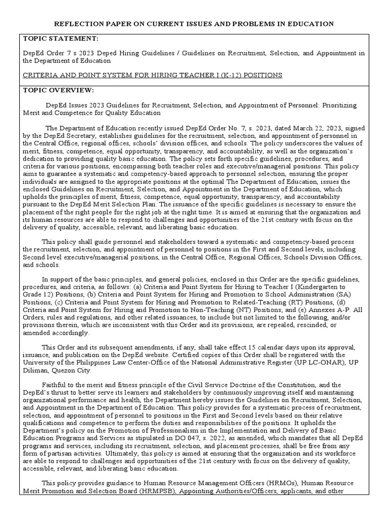 ZACARIA, SITTIE ALYANNA N. - REFLECTION PAPER (DepEd Order 07, S. 2023 ...