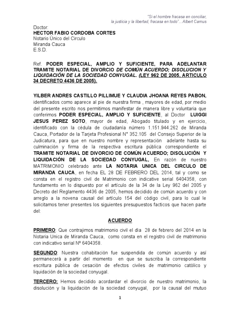 Poder Notarial para Divorcio de Común Acuerdo | PDF | Divorcio | Matrimonio
