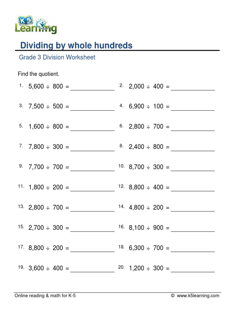 Grade 3 Division by Hundreds Worksheet | PDF
