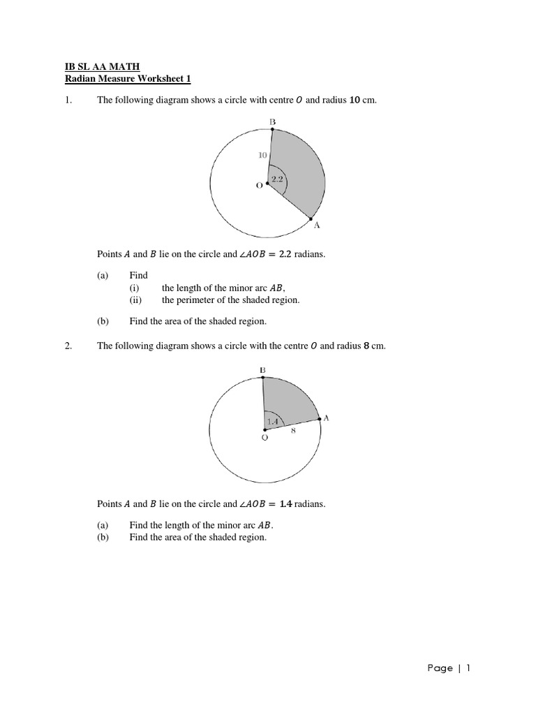 Radian Measure Worksheet 1 | PDF | Circle | Area