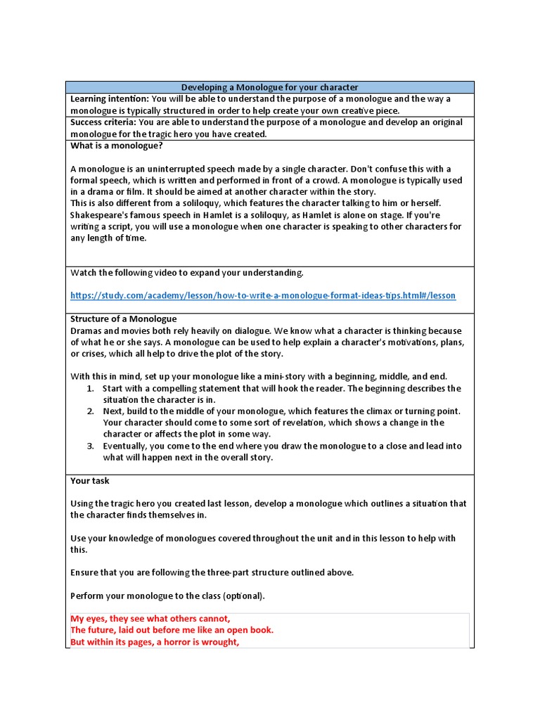 Monolgue Task - Tragic Hero Extension | PDF | Monologue | Hamlet