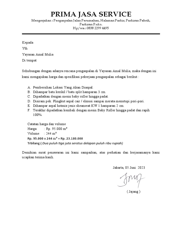 Surat Penawaran Harga Prima Jasa Service | PDF