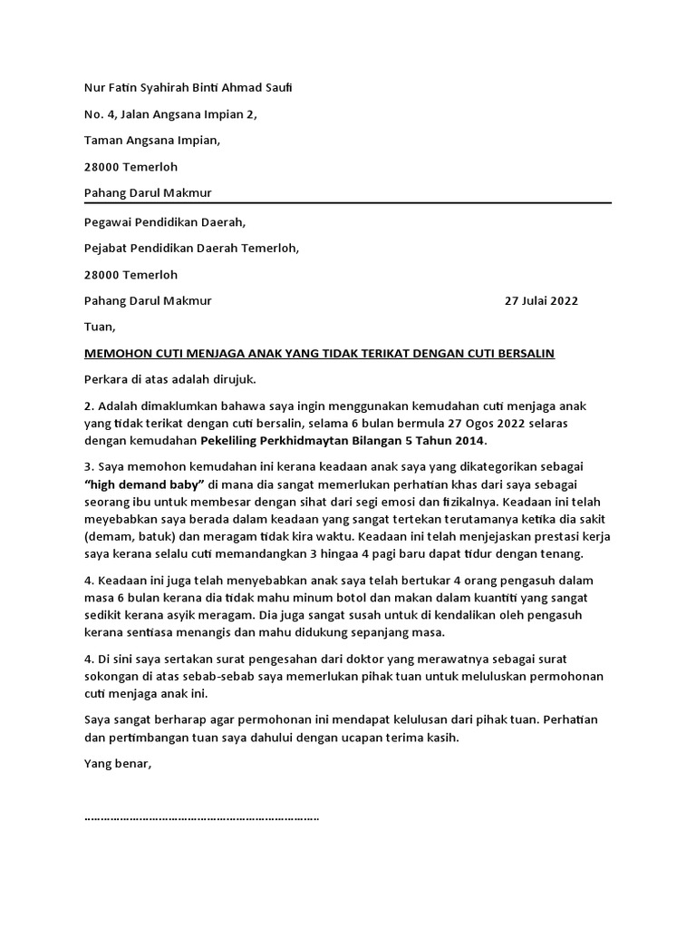 Surat Cuti Menjaga Anak | PDF