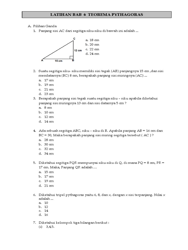 Latihan Teorema Pythagoras Pdf