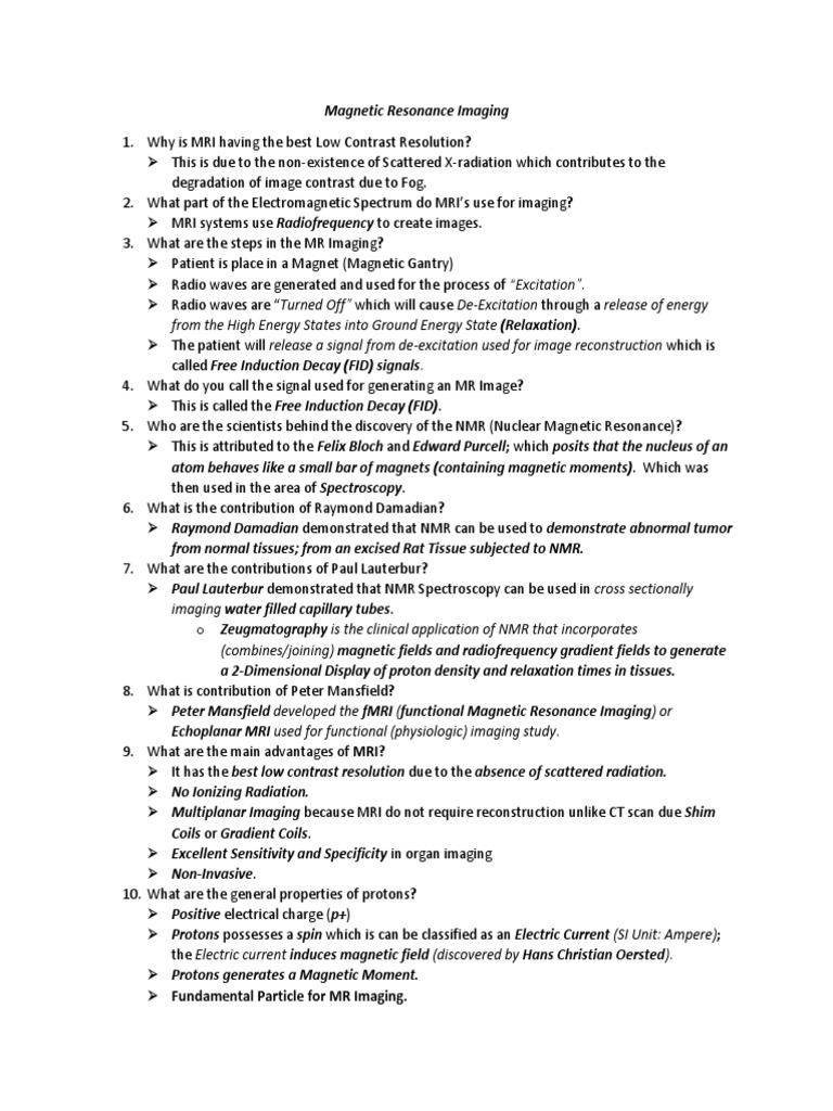 Magnetic Resonance Imaging - MCQ's | PDF
