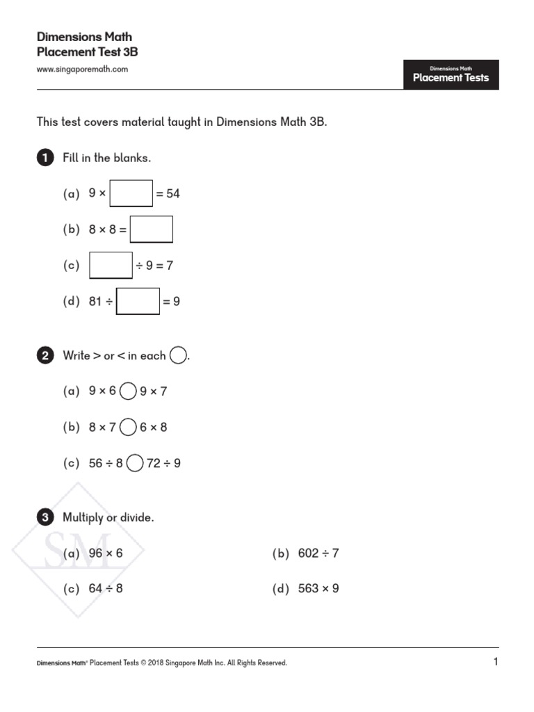 Singapore Math - Placement Test | PDF | Area | Metrology